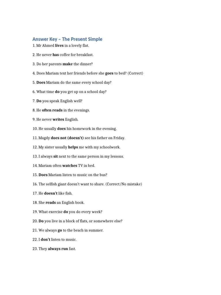 Present Simple Answer Key | PDF