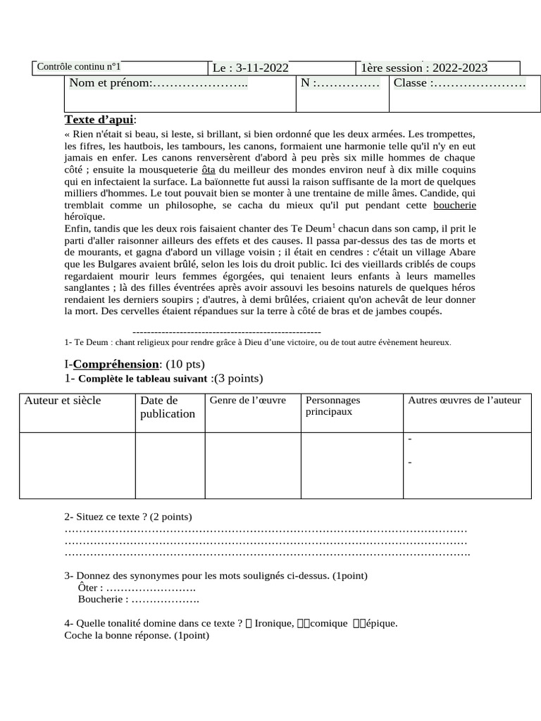 Contrôle continu : Analyse de Candide | PDF | Candide
