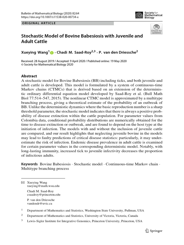 Wang Et Al 2019. Stochastic Model of Bovine Babesiosis With Juvenile | PDF