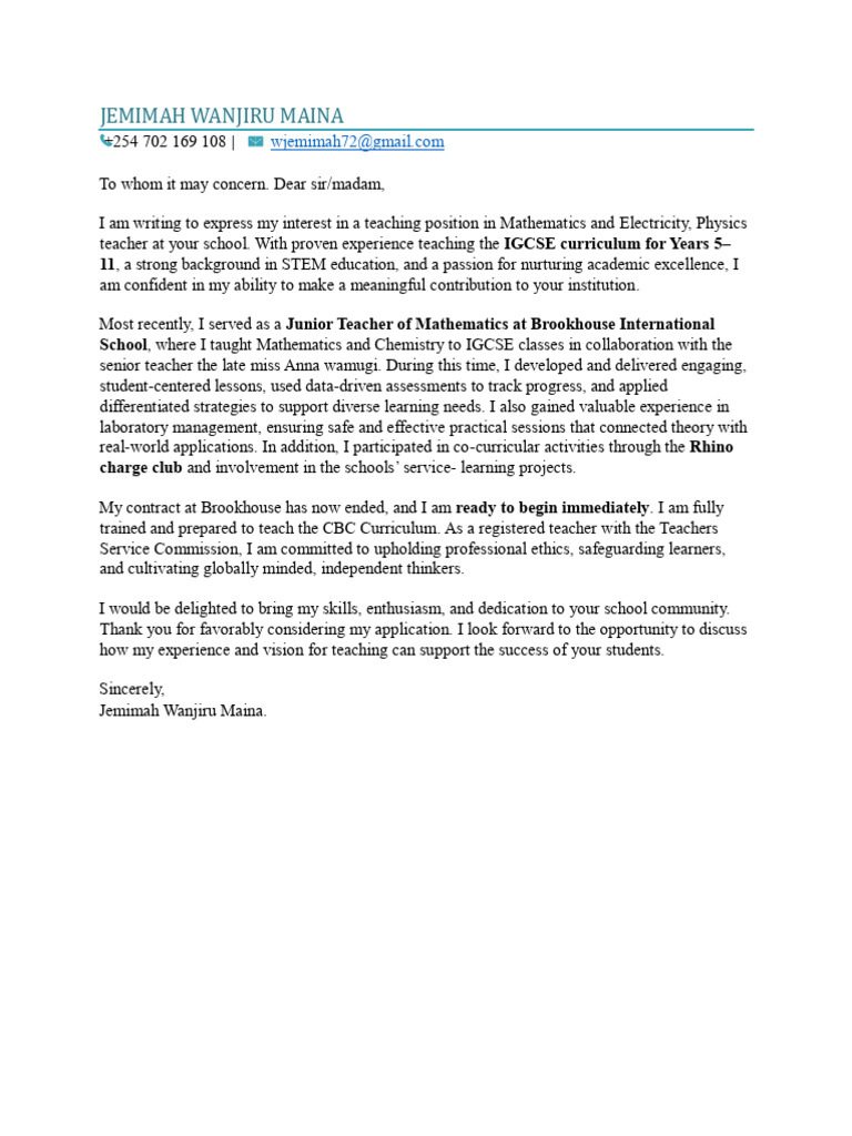 Jemimah Wanjiru Maina Cover Letter | PDF