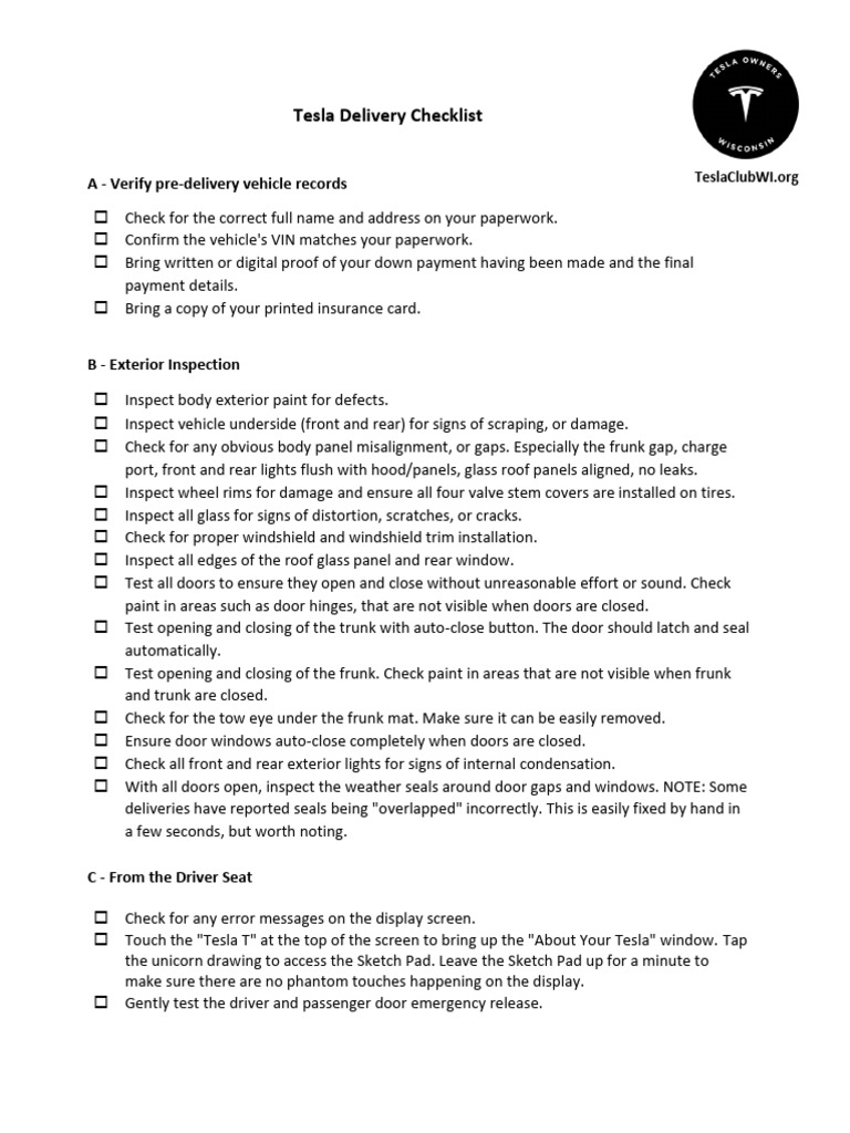 Tesla Delivery Checklist | PDF | Trunk (Car) | Motor Vehicle