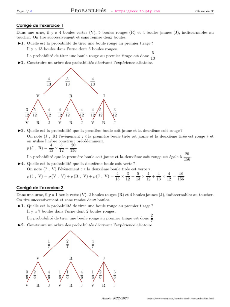Exercices de Probabilités Corrigés 3ème | PDF | Probabilité | Théorie ...