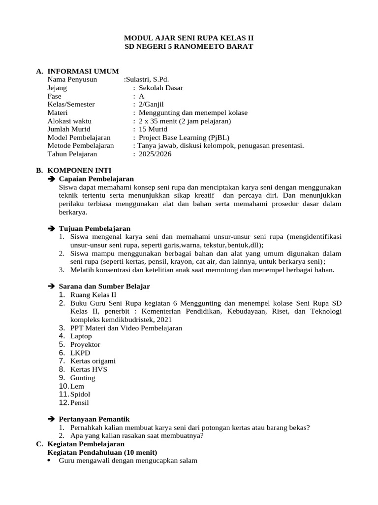 Modul Ajar Seni Rupa Kelas II SD | PDF