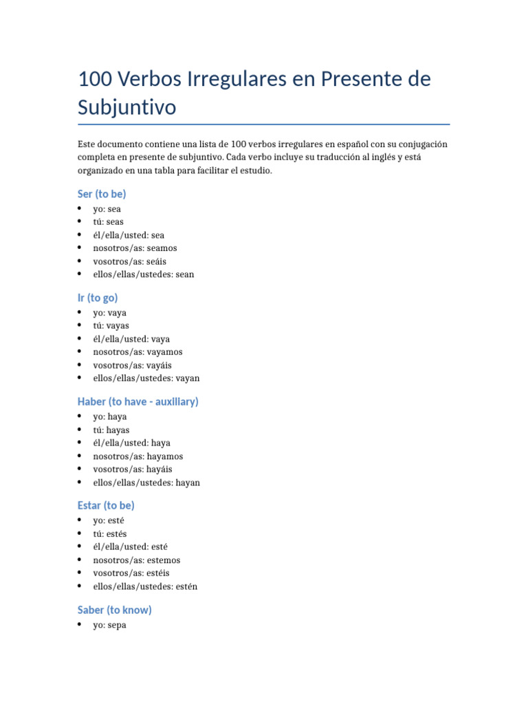 100 Verbos Irregulares Subjuntivo | PDF | Interpretación (filosofía ...