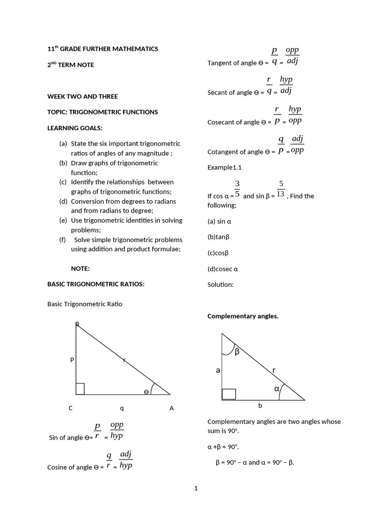 11th Grade Trigonometric Functions Guide | PDF | Trigonometric ...