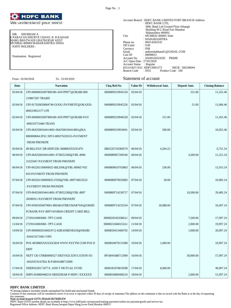 HDFC Statement Sample 1 | PDF | Private Sector | Banks