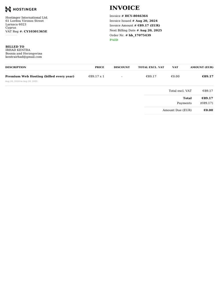 Billed To: Description Price Discount Total Excl. Vat VAT Amount (Eur ...