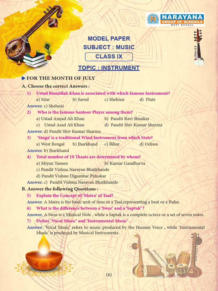 Music Question Paper 2025 26 C 9 July August | PDF