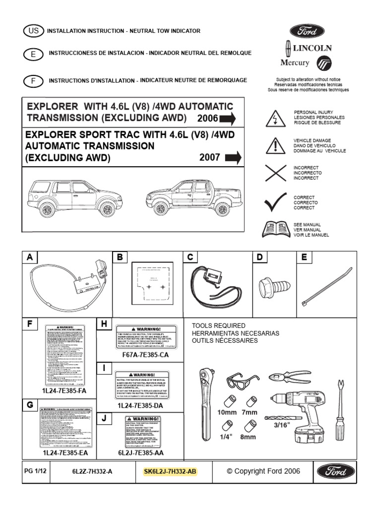 Explorer, Sport Trac Neutral Tow Kit Installation Instructions - 2006 ...