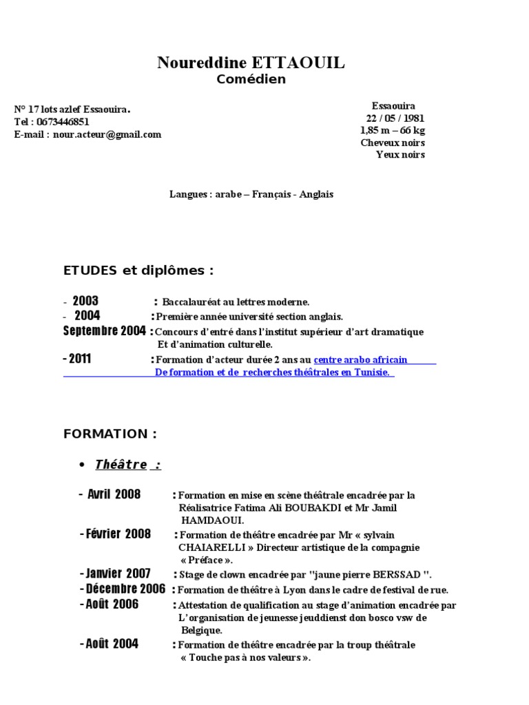 CV Nour (1) - 1 | Descargar gratis PDF | Acteur | Théâtre