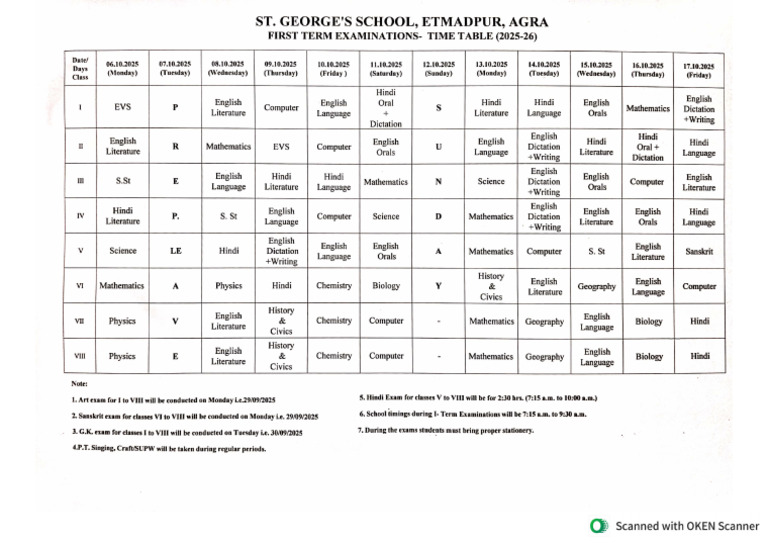 First Term Examination Time Table (2025-26) Classes I To Viii | PDF