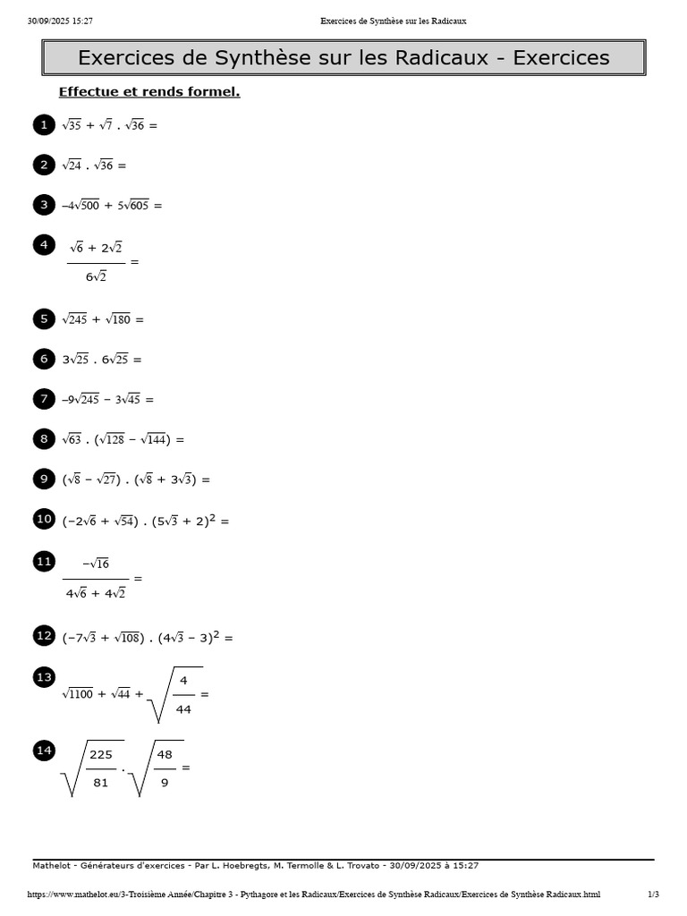 Exercices de Radicaux Mathématiques | PDF