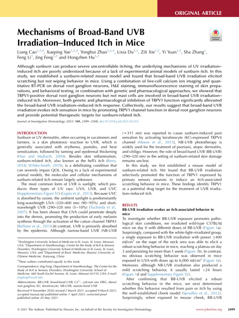 Liang Cao 2021 Mechanisms of Broad-Band UVB Irradiation Induced Itch in ...