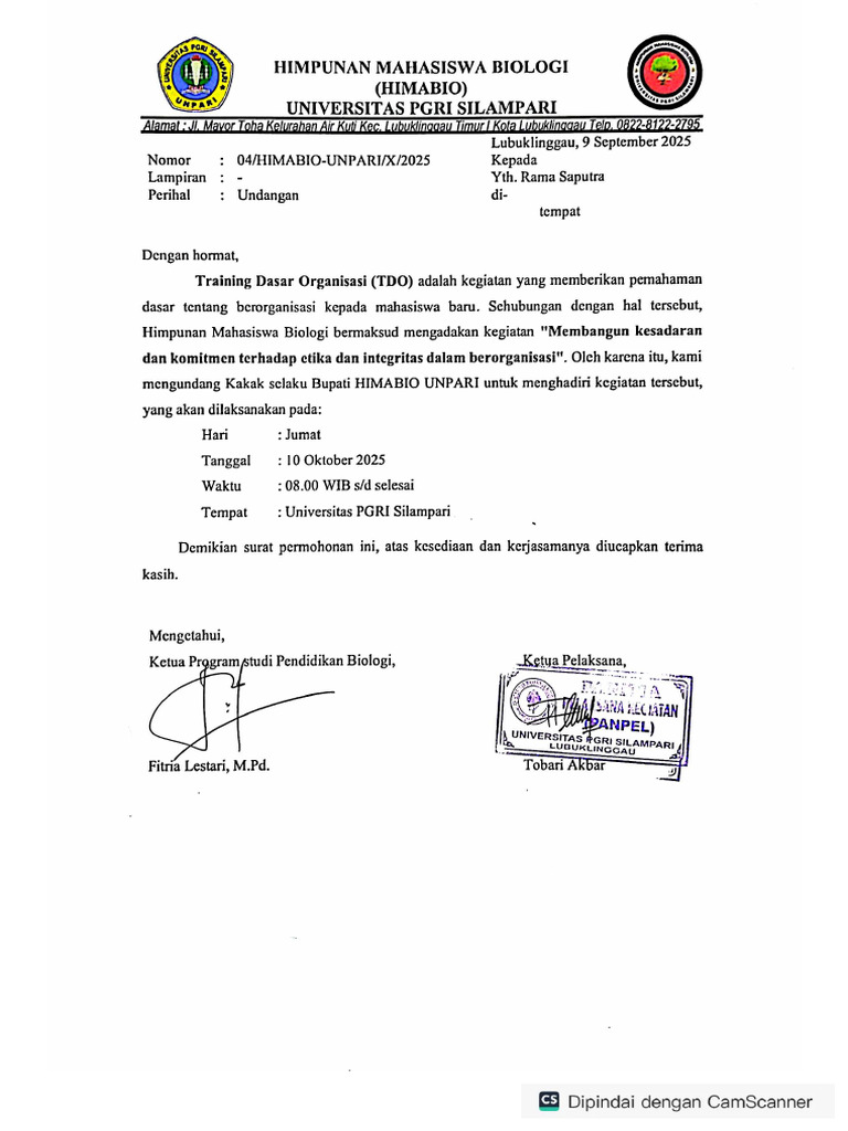 Surat Undangan Ketua HIMABIO | PDF