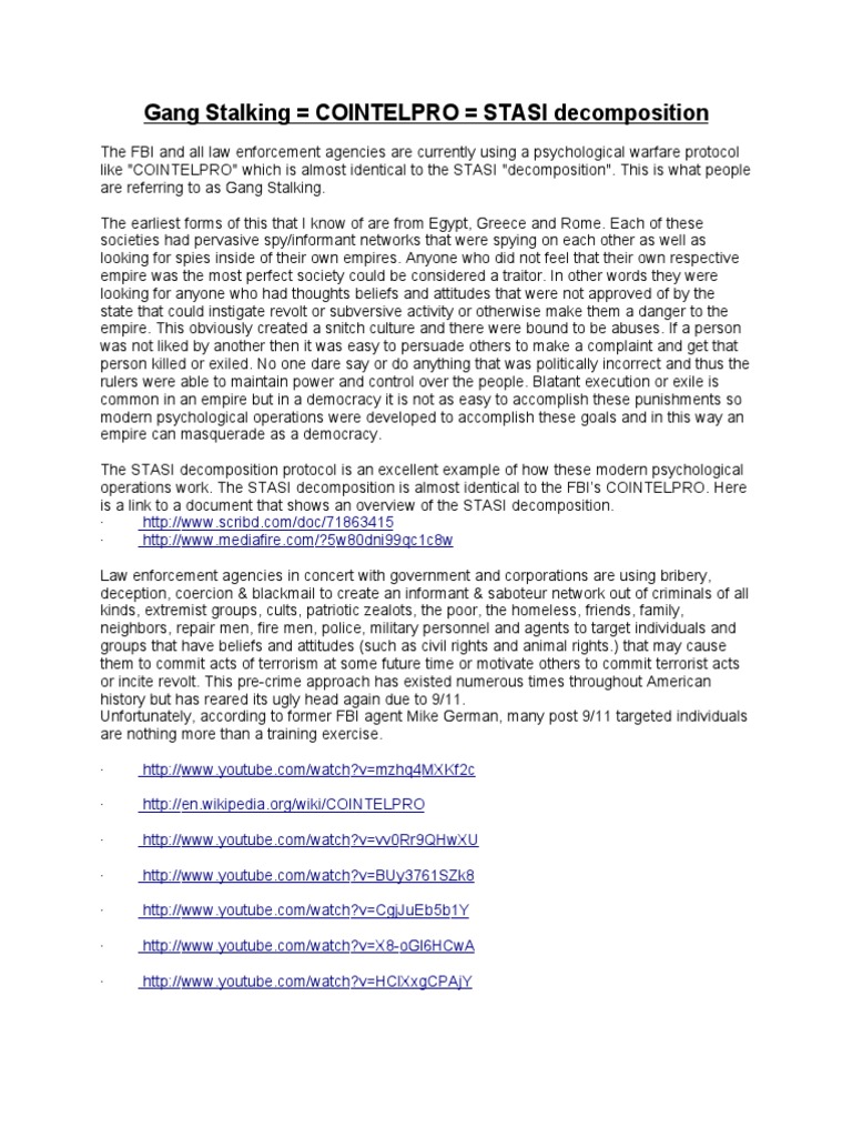 Gang Stalking New COINTELRO Stasi Decomposition | PDF | Stasi | Espionage
