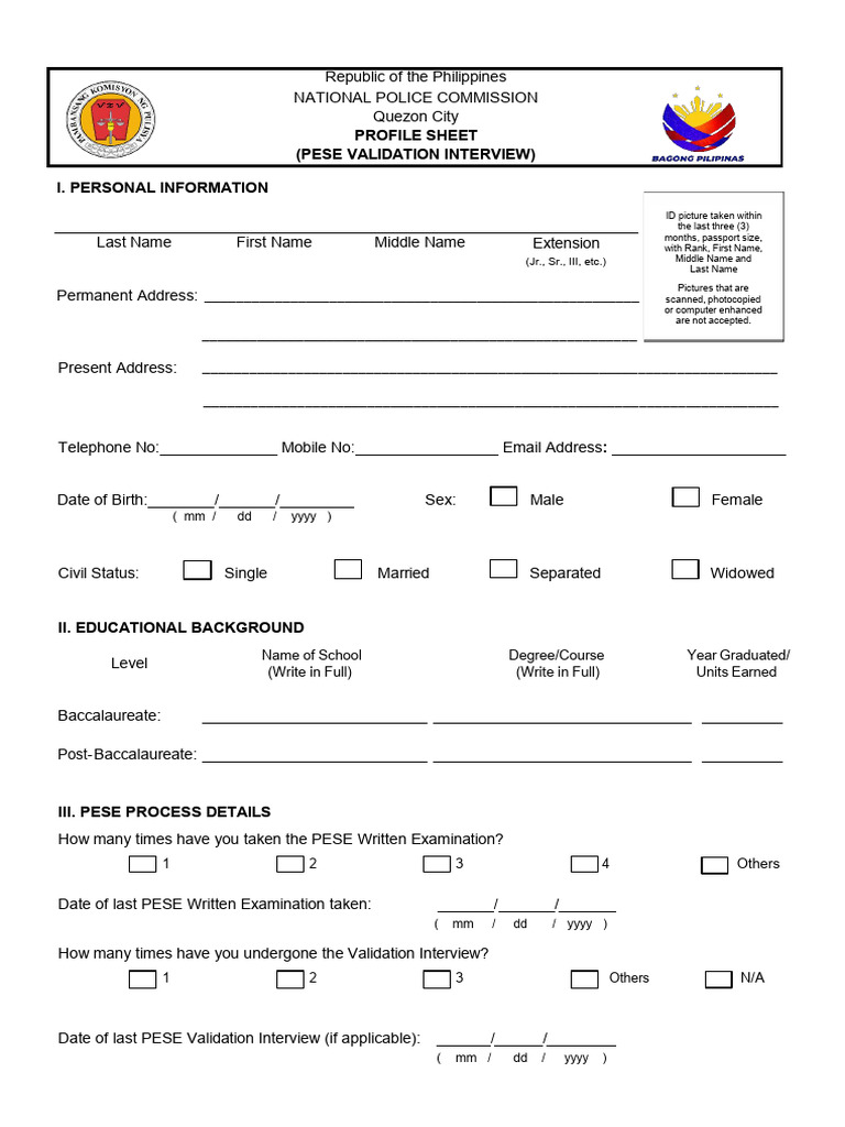 PESE-VI Profile Sheet | PDF