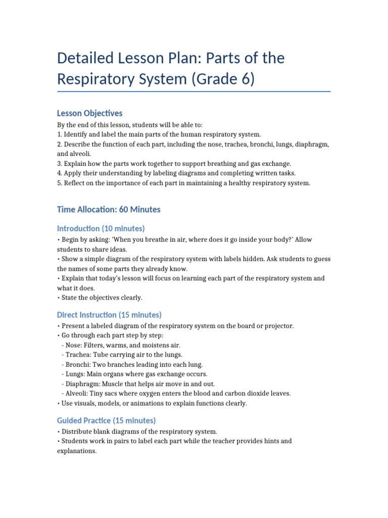 Grade 6 Respiratory System Lesson Plan | PDF | Respiratory System ...