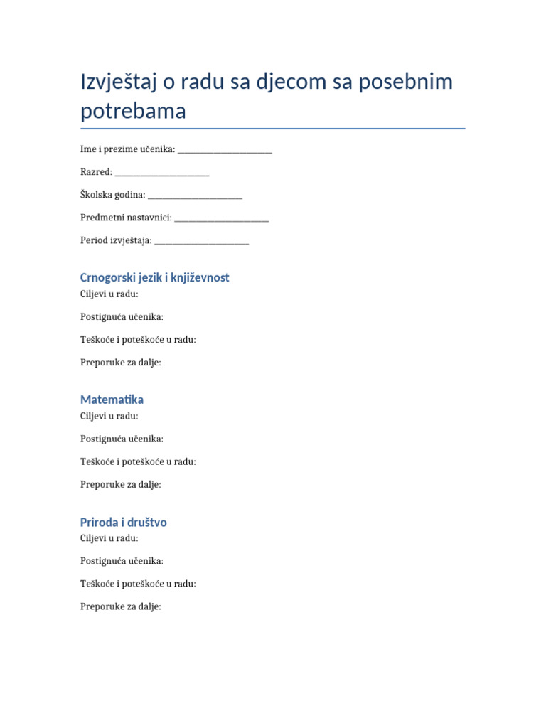 Izvjestaj Posebne Potrebe | PDF