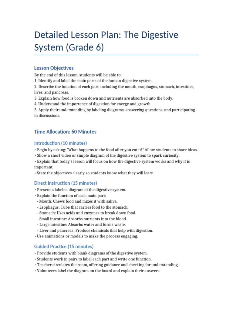 Grade 6 Digestive System Lesson Plan | PDF | Digestion ...