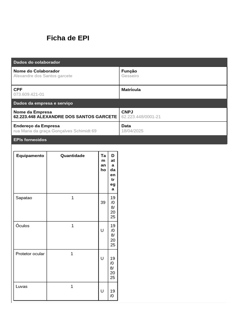 Ficha de EPI | PDF