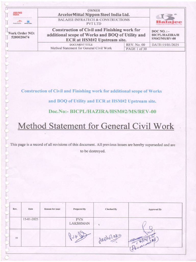 Method Statement for Civil Work at HSM#2 | PDF | Tools | Manufactured Goods