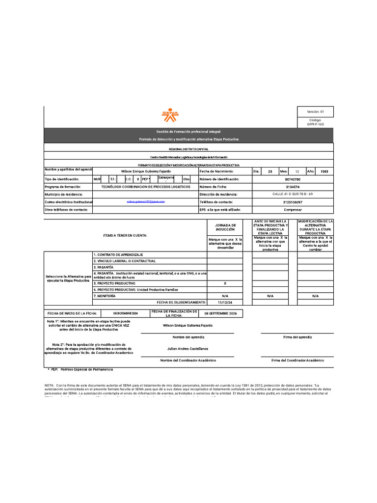 Formato 5 de Selección Alternativa Etapa Productivaficha 3134574 | PDF