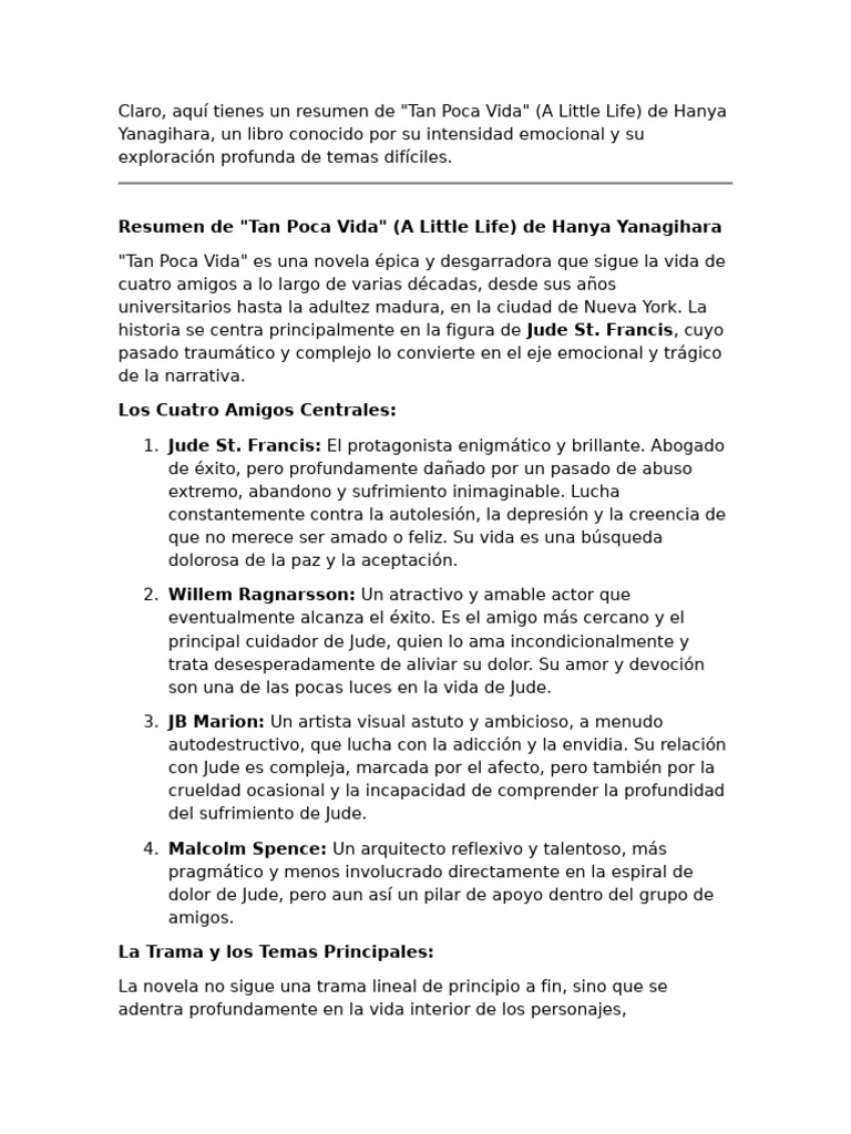 Resumen de Tan Poca Vida | PDF | Autolesiones | Amor