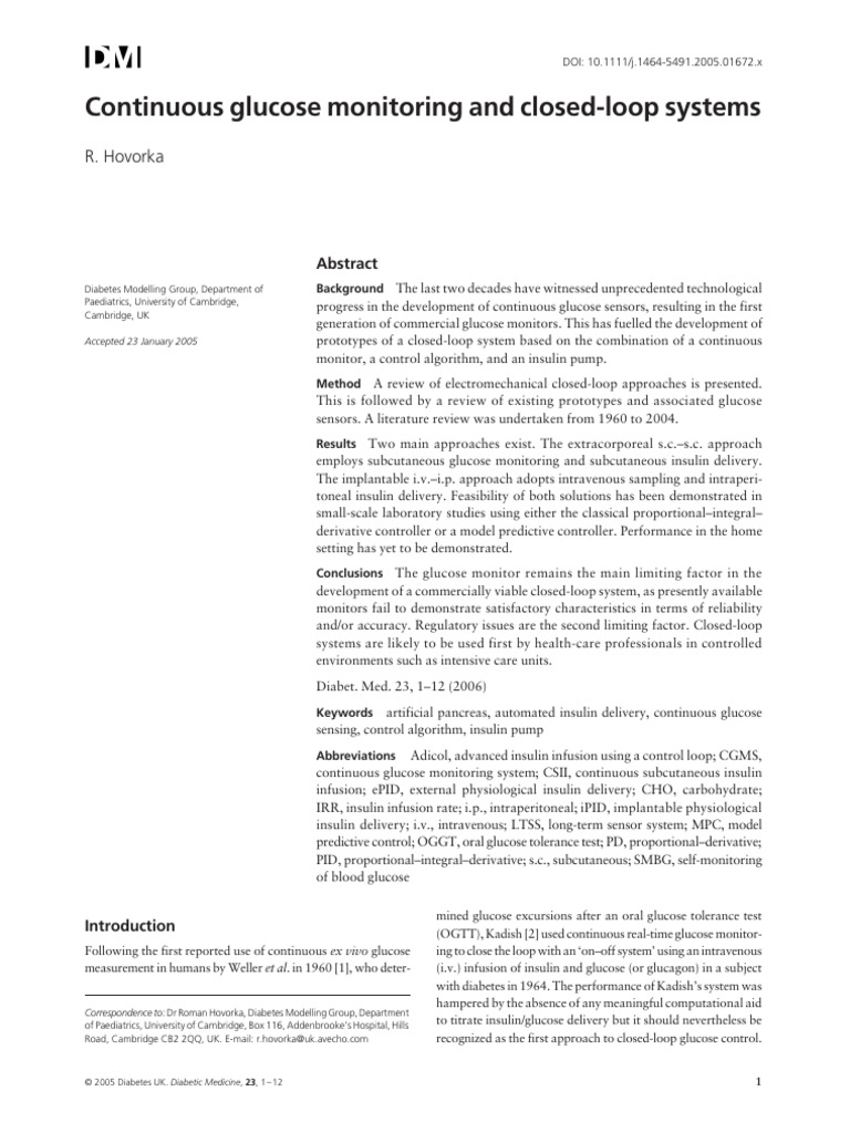 Continuous Glucose Monitoring and Closed-Loop Systems: R. Hovorka | PDF ...