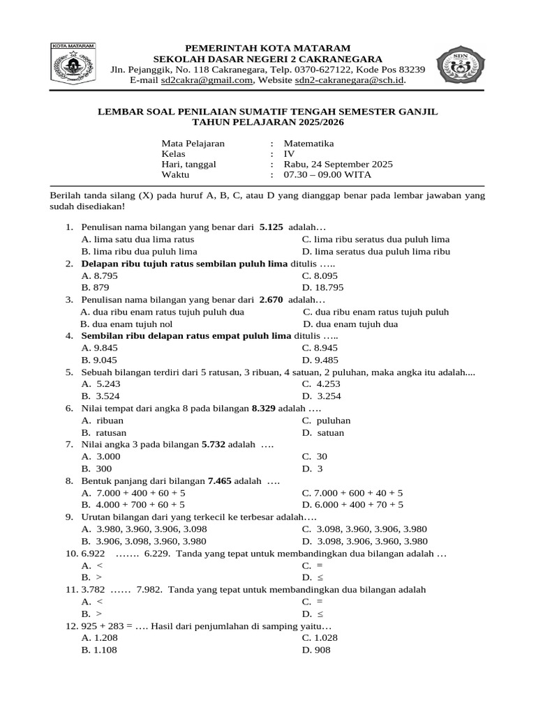 Soal STS Ganjil MTK Kelas 4 2025 - 2026 | PDF