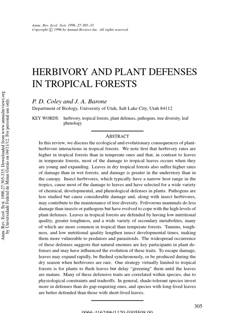 Herbivory and Plant Defenses in Tropical Forests | PDF | Herbivore ...