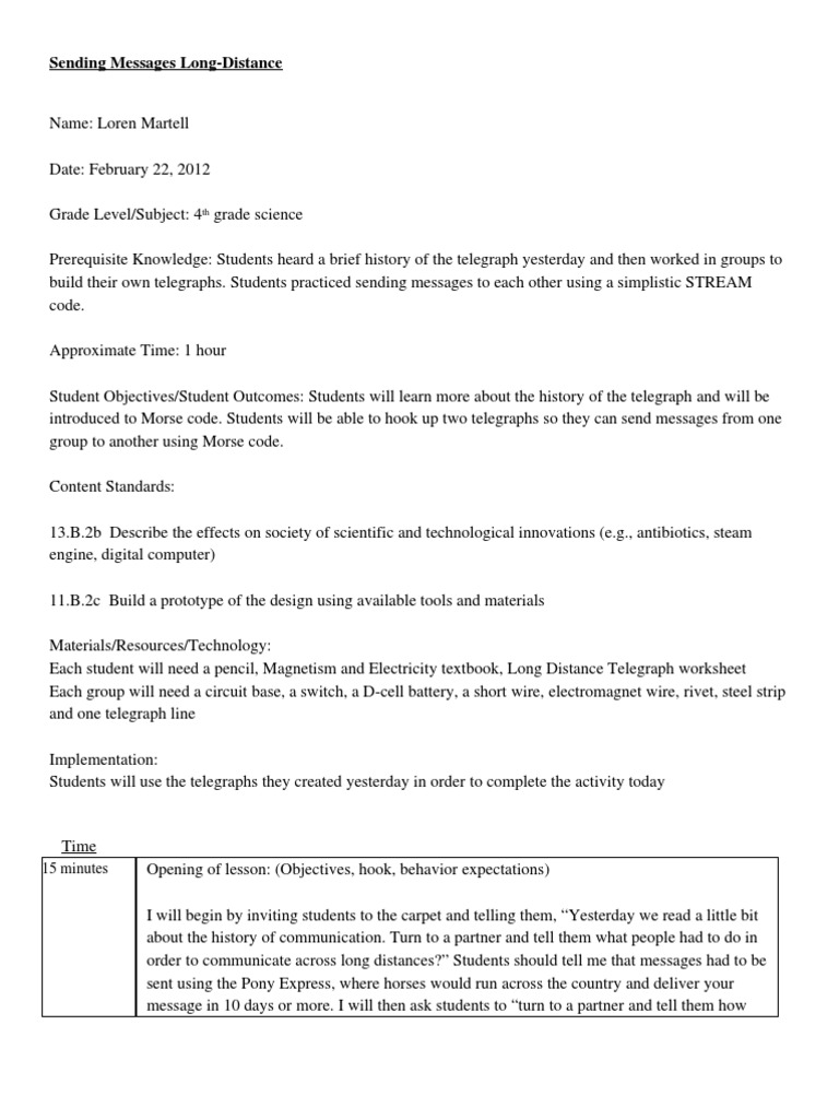 Telegraph Lesson Plan | PDF | Telegraphy | Communication