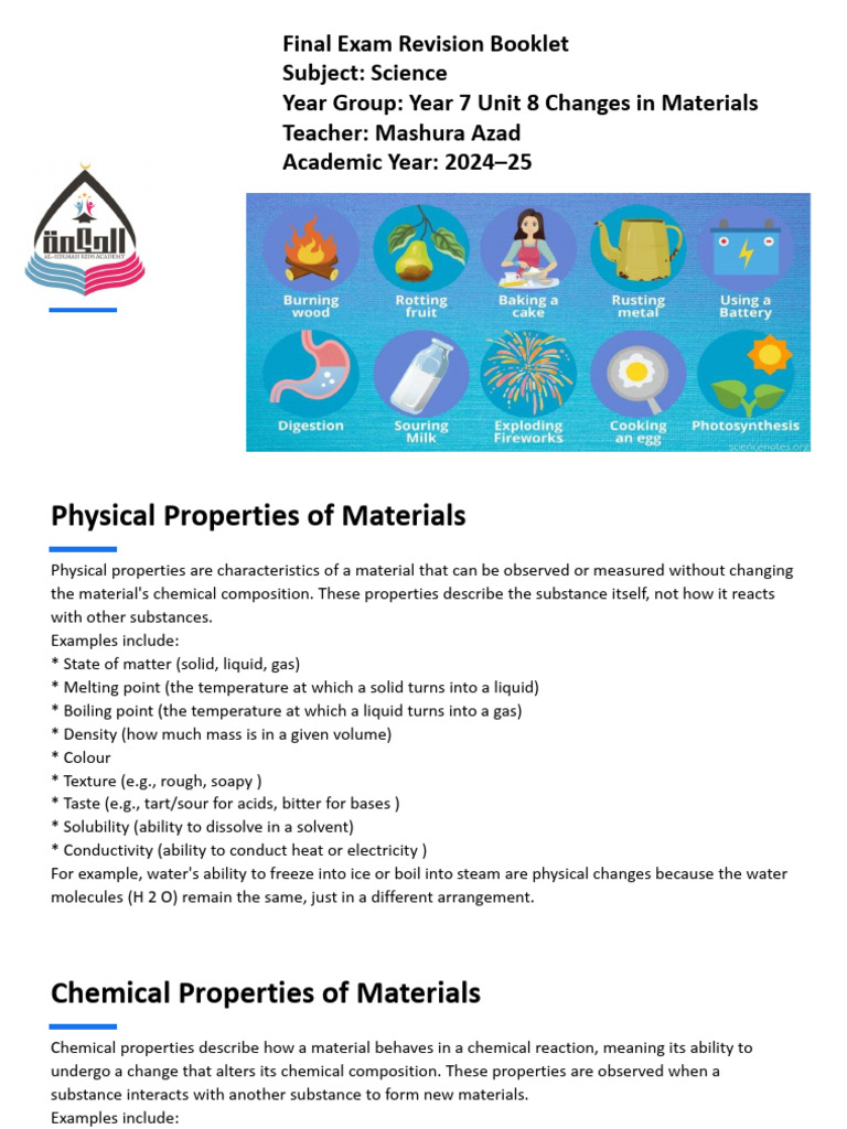 Year 7 Science: Changes in Materials Guide | PDF | Acid | Ph