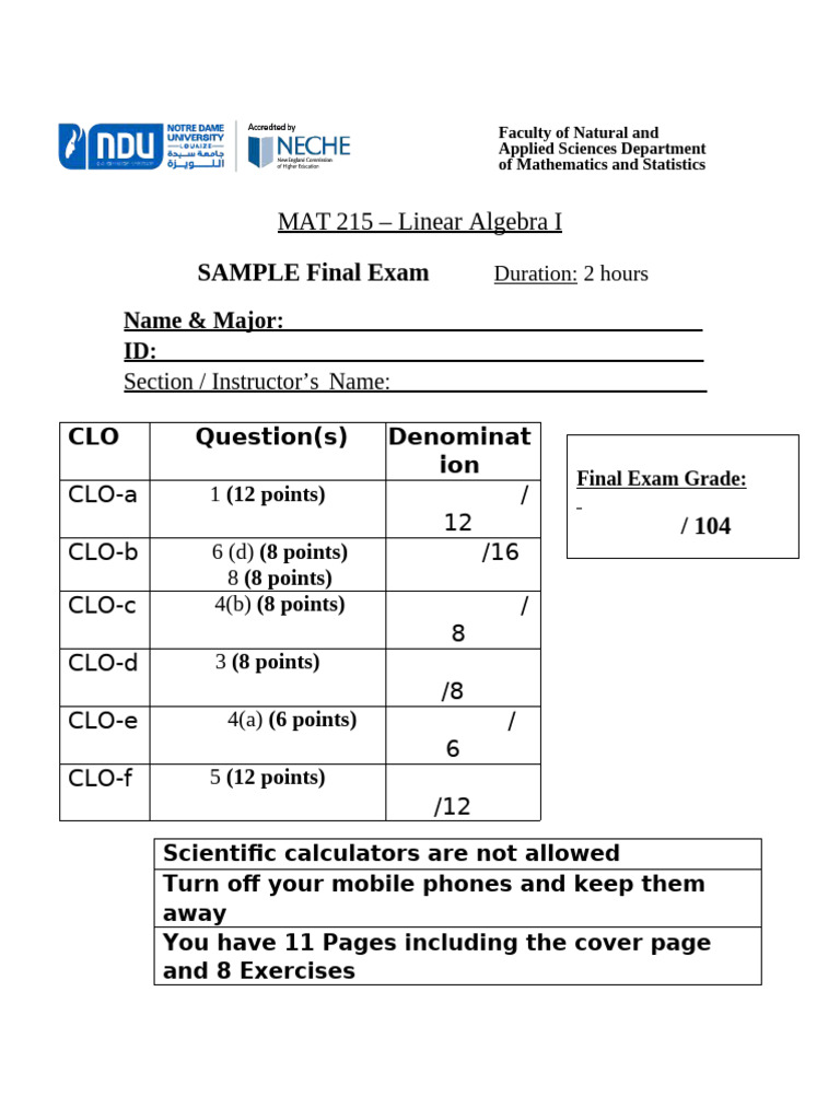 Linear Algebra I Sample Final Exam | PDF | Eigenvalues And Eigenvectors ...