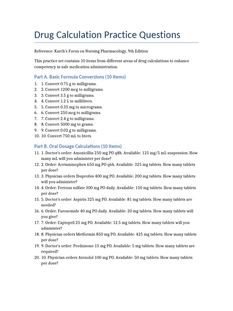 Drug Calculation Practice Questions | PDF | Dose (Biochemistry) | Chemistry