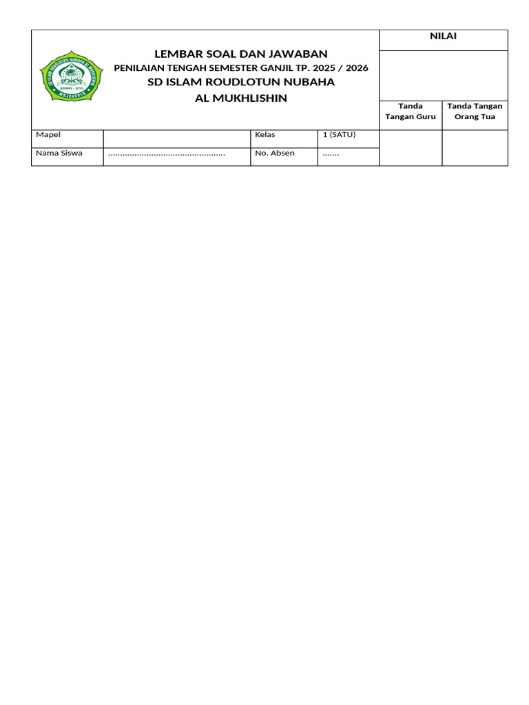 Template Soal Pts SD | PDF