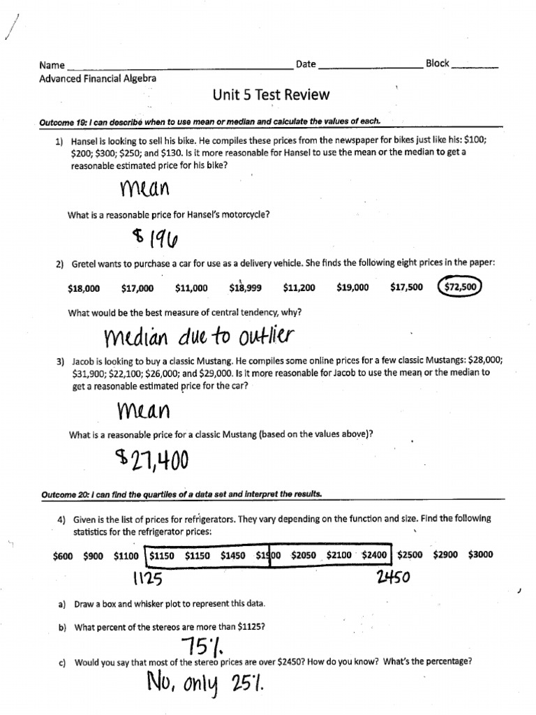Unit 5 Test Review With Answers | PDF | Insurance | Median