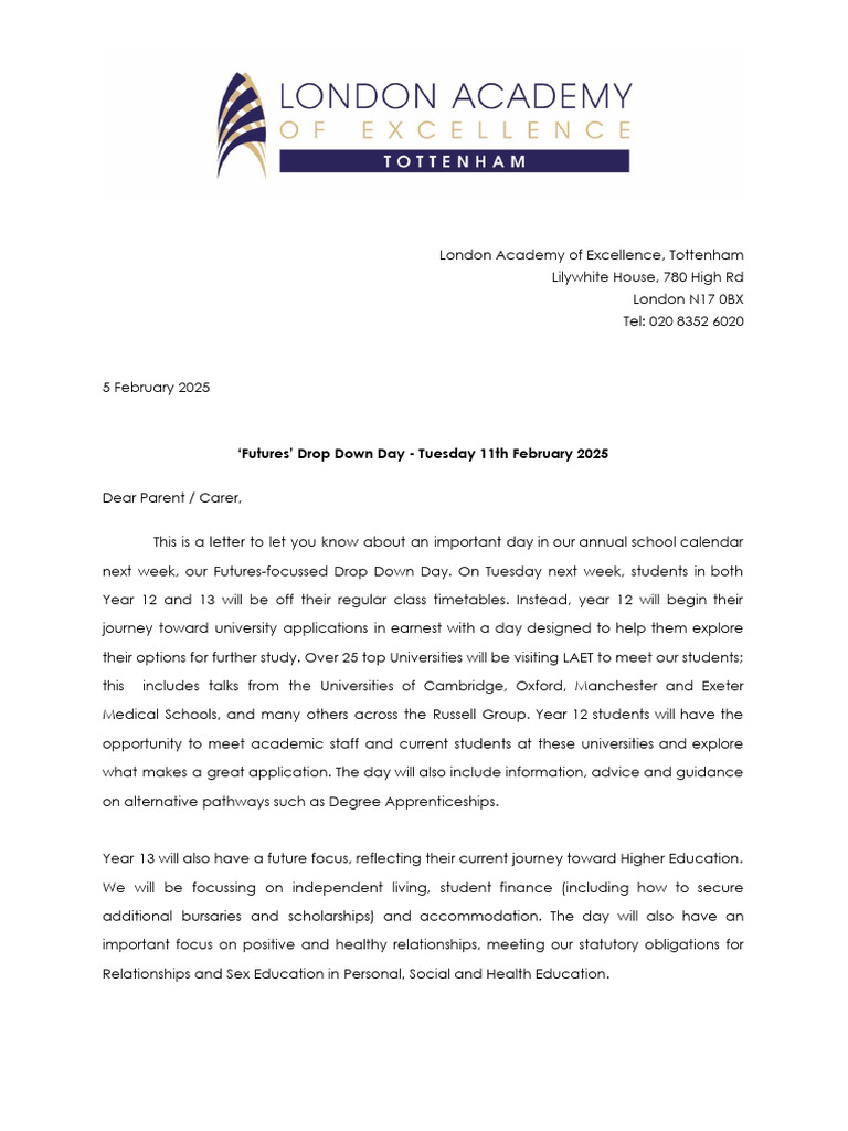 Drop Down Day Parents Letter 2025 | PDF
