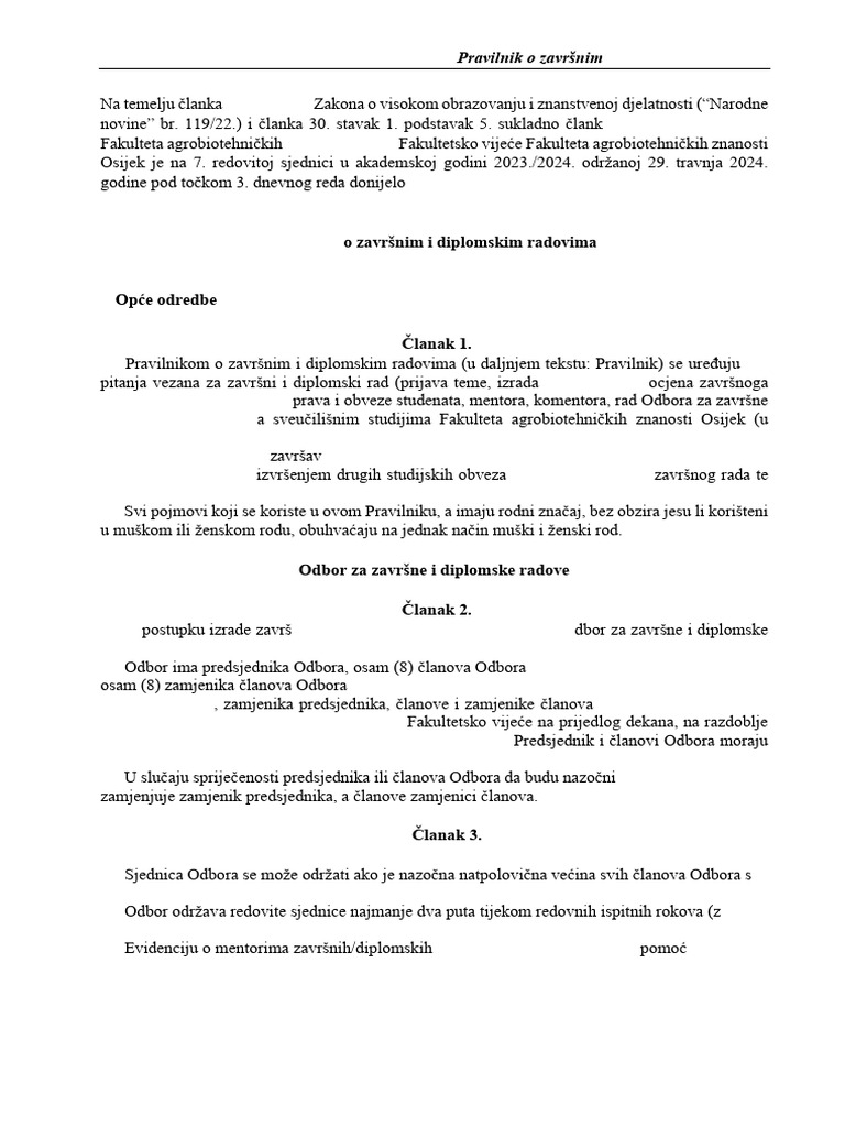 Pravilnik o Završnim I Diplomskim Radovima - 2024 | PDF
