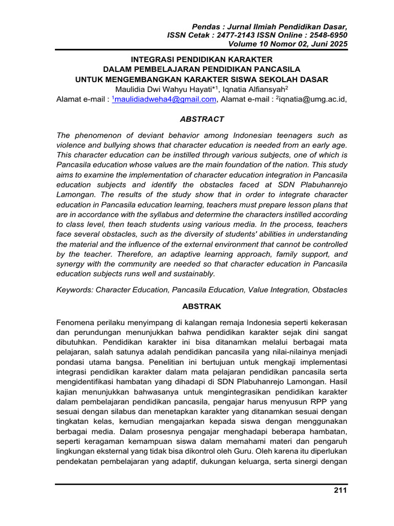 Integrasi Pendidikan Karakter Dalam Pembelajaran P | PDF