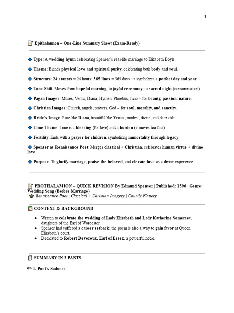 ? SPENSER - One-Line Summary Sheet (Exam-Ready) | PDF | Renaissance
