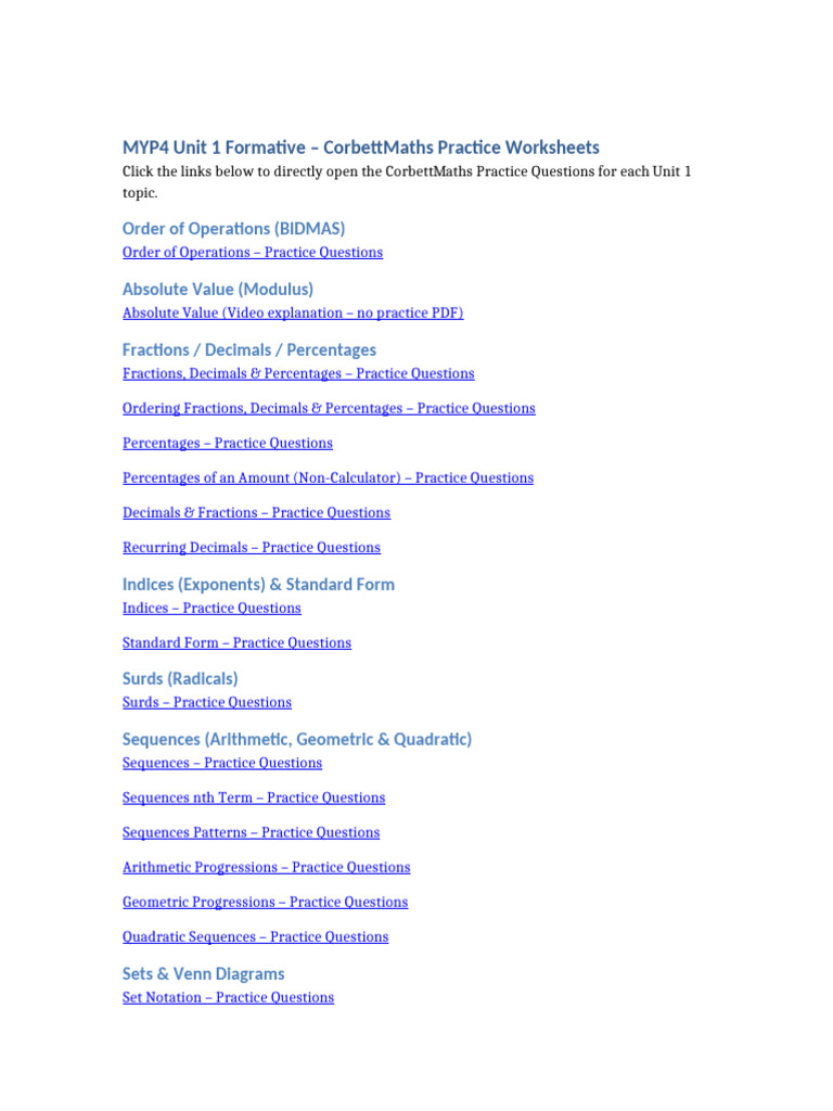 MYP4 Unit1 Formative CorbettMaths Practice With Quadratic 1 | PDF