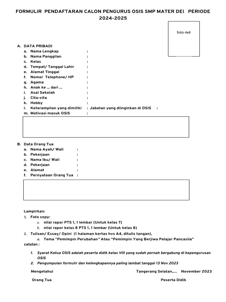 Form Calon Pengurus Osis | PDF