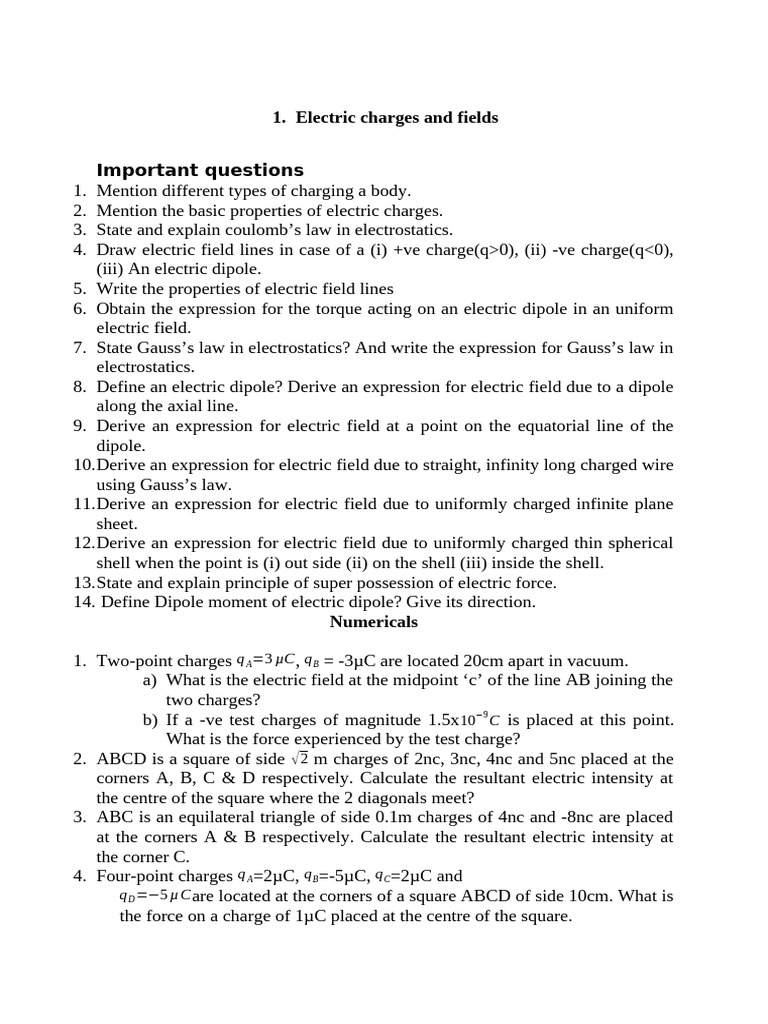 Physics Important Questions For Mid Term Exam | PDF | Electric Field ...