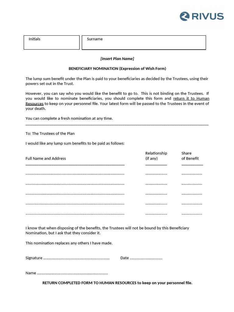 Expression of Wish Beneficiary Nomination Form7 | PDF | Trustee ...