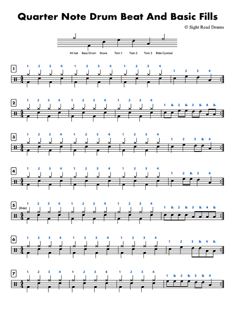 Quarter-Note Drum Beat and Basic Fills For Absolute Beginners | PDF