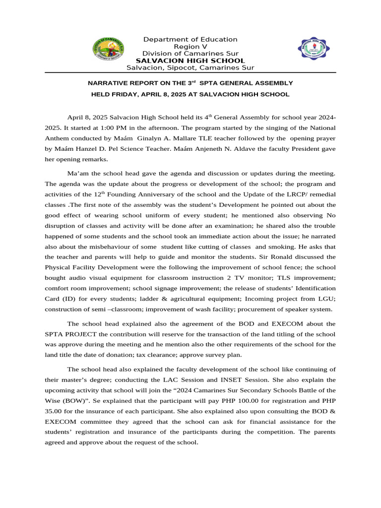 Narrative Report 4th Sosa Spta Assembly | PDF