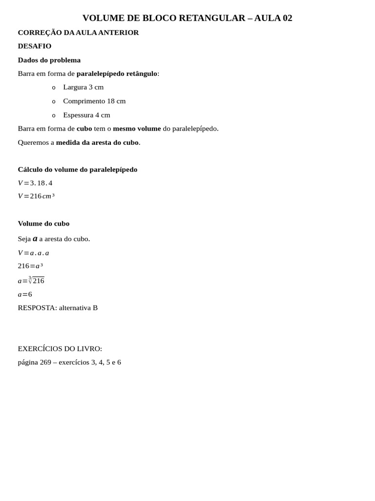 Volume de Bloco Retangular: Aula 02 | PDF