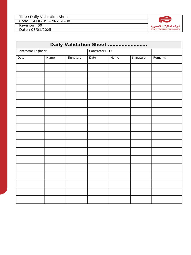 SEDE HSE PR 21 F 08 Daily Validation Sheet General | PDF