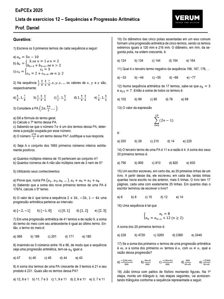Lista de Exercícios 12 - Sequências e Progressão Aritmética | PDF | Sequência