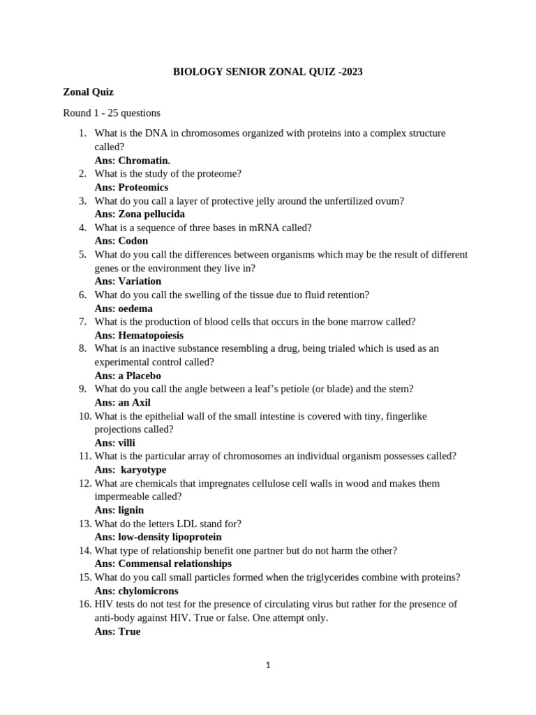 Senior Biology Zonal Quiz - Edited | PDF | Cell (Biology) | Cell Nucleus